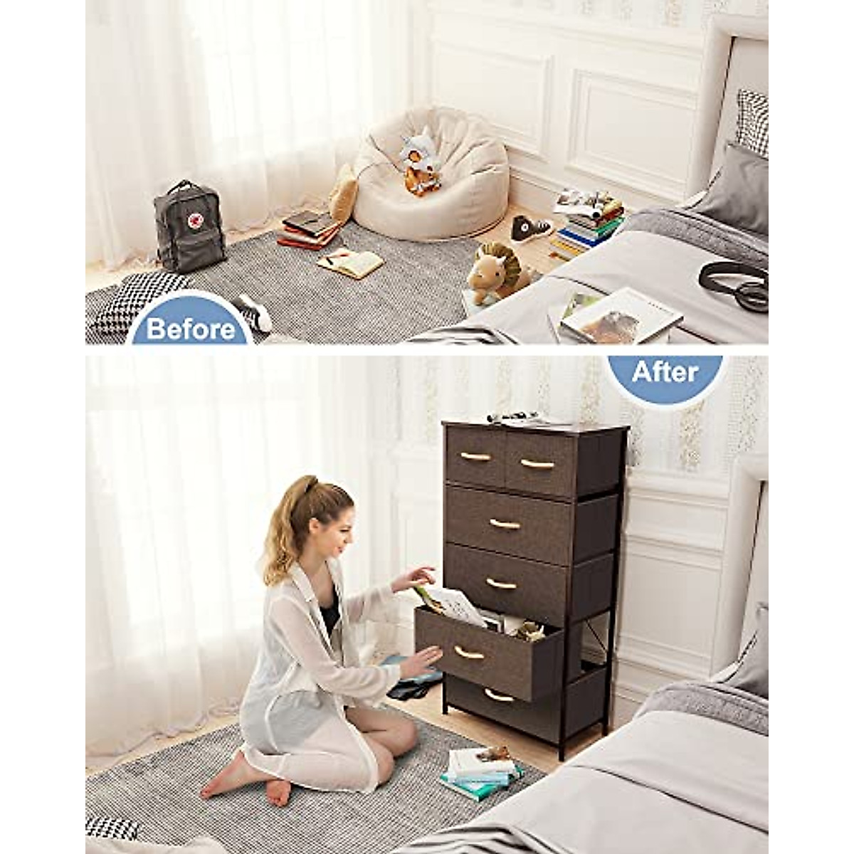 Crestlive Products Vertical Dresser Storage Tower - Sturdy Steel Frame, Wood Top, Easy Pull Fabric Bins, Wood Handles - Organizer Unit for Bedroom, Hallway, Entryway, Closets - 6 Drawers (Brown)