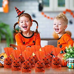 50 Pieces Halloween Favor Bags Pumpkin Smile Pattern Flat Cellophane Treat Bags Halloween Plastic Party Bags for Bakery, Popcorn, Cookies, Candies and Dessert with 100 Pieces Gold Twist Ties