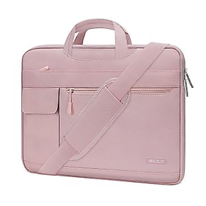 MOSISO Laptop Shoulder Bag Compatible with MacBook Air/Pro,13-13.3 inch Notebook,Compatible with MacBook Pro 14 inch M3 M2 M1 Pro Max 2023-2021,Polyester Flapover Briefcase Sleeve Case, Baby Pink
