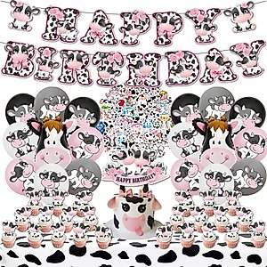 BenTin 93Pcs Cow Birthday Party Decoration, Cow Print Party Supplies, Farm Animal Happy Birthday Party Supplies, Include Cow Print Banner, Cake Topper, Balloons, Sticker, Table Cloth, For Cow Theme