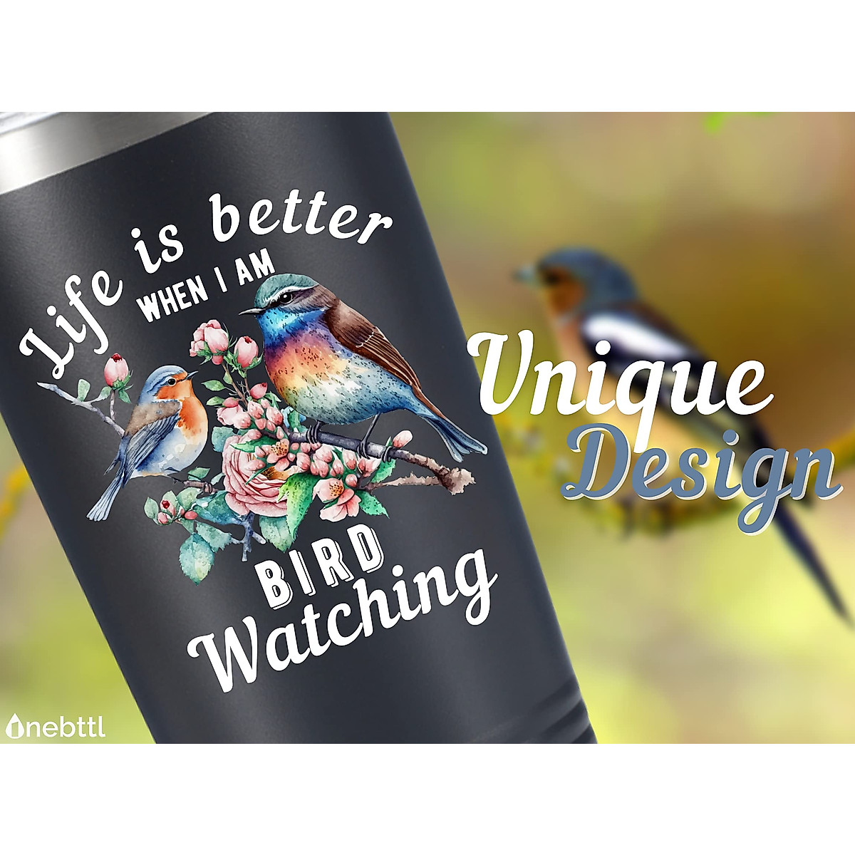 Onebttl Bird Watching Tumbler for Lovers & Watchers, 20oz Stainless Steel Insulated With Lid & Straw, Gift Card & Box Included, Best Birthday Gift - Black