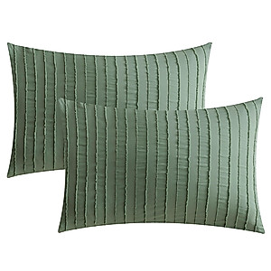 JELLYMONI 2 Pack Green Pillowcases Standard Size, Soft Microfiber Striped Tufted Pillow Covers with Envelope Closure (Pillows are not Included)