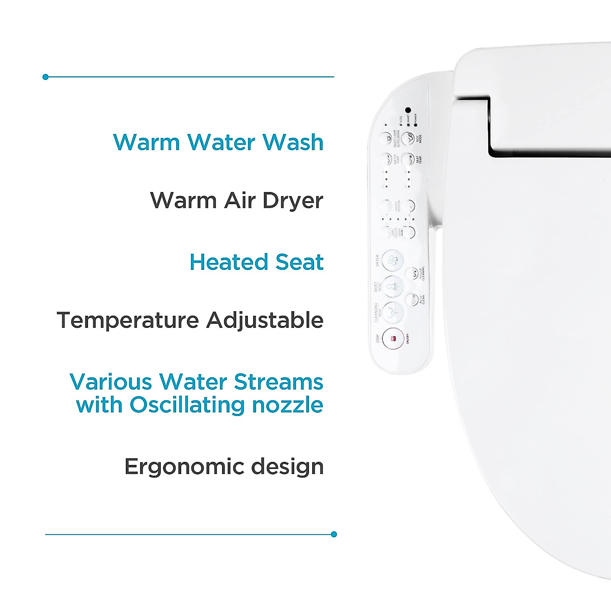 Blooming NB-1360E Bidet Toilet Seat, Warm Water with Stainless Steel Nozzle, Warm Air Dryer, Heated Toilet Seat, Sittable Lid, Nightlight, Fits Elongated Toilets, White (Elongated)