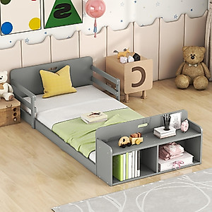 Twin Size Floor Bed with Rails and Storage Bench, Wood Kids Platform Bed Frame with Headboard and Footboard, No Box Spring Needed, Gray