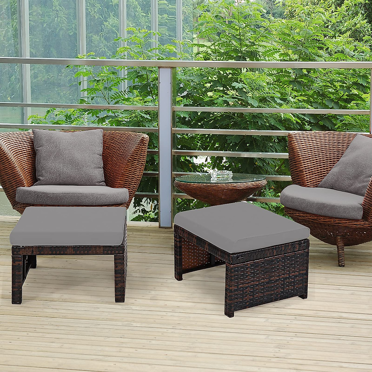 DORTALA 2 Piece Patio Wicker Ottomans, Outdoor Foot Rest with Cushions, PE Rattan Footstool for Patio, Garden, Poolside, Grey