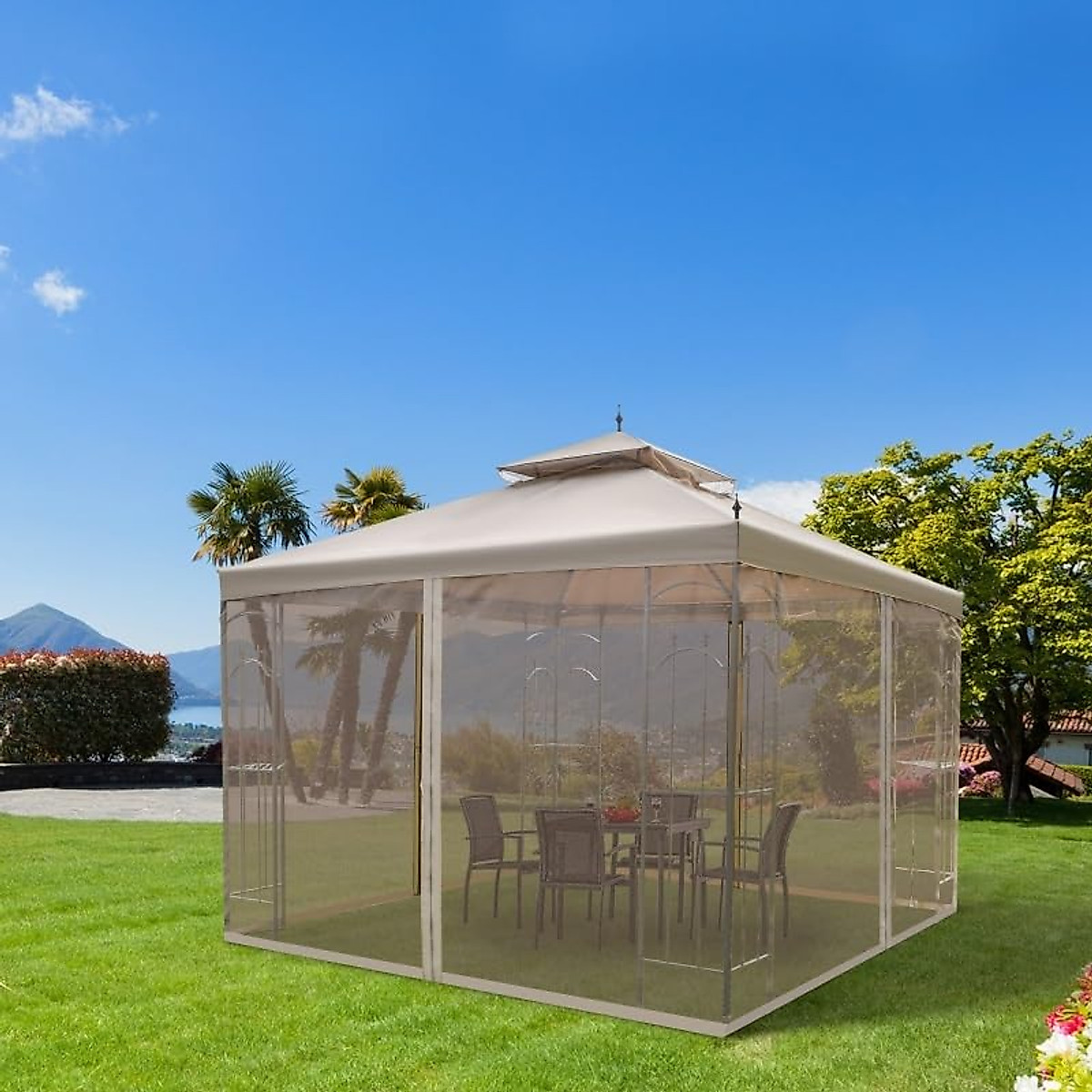 10 X 10ft Hardtop Gazebo, Steel Outdoor Patio Gazebo Canopy, Double Roof Gazebo with Removable Mesh Curtains, Outdoor Steel Frame Vertical Stripes Roof Permanent for Deck Backyard Garden Lawns