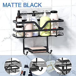 Gaseawolf Adhesive Shower Caddy, 2 Pack Shower Shelf with Soap Holder and Hooks, No Drilling Matte Black Bathroom Shower Organizer for Bathroom, Restroom, Shower Room, Toilet, Kitchen