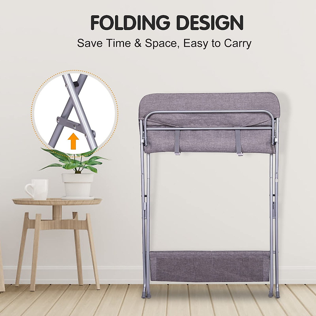Baby Changing Table Nursing Station - Folding Diaper Table for Newborn Infant with Large Organizer Racks & Safety Belt, Grey