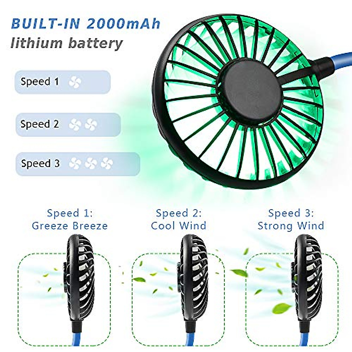 CoutureBridal Hands Free Neck Fan,Mini USB Personal Fan Rechargeable,Headphone Design Pocket Fan with 3 Speeds Adjustable and LED Light for Travel Outdoor Office Home Sports
