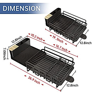 PXRACK Dish Drying Rack, Expandable(19.1"-26.9") Large Capacity Dish Rack and Drainboard Set, Stainless Steel Dish Drainers with Utensil Holder for Kitchen Counter, Black