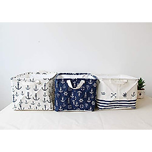 Orino Waterproof Nursery Nautical Fabric Large Storage Baskets with Drawstring Beach Anchor Theme Collapsible Storage Bins Mediterranean Style for cloth, toys, books,sundries, Set of 3(17.5x12x9) inch