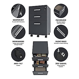 Lazio 26 Inch File Cabinet with Lock - Filing Cabinet for Home and Office - 3 Drawer File Cabinet with Wheels for A4 Sized Letters, Legal Sized Documents, Hanging File Folders - Black/Black