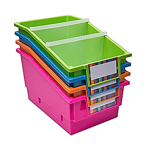 Really Good Stuff Chapter Book Library Bins with Dividers, 8¾" x 13½" x 7¾" - 4 Pack, Neon | Plastic Shelf Bin Organizer for Classroom Library, Book Organization, Documents, Files, Magazines