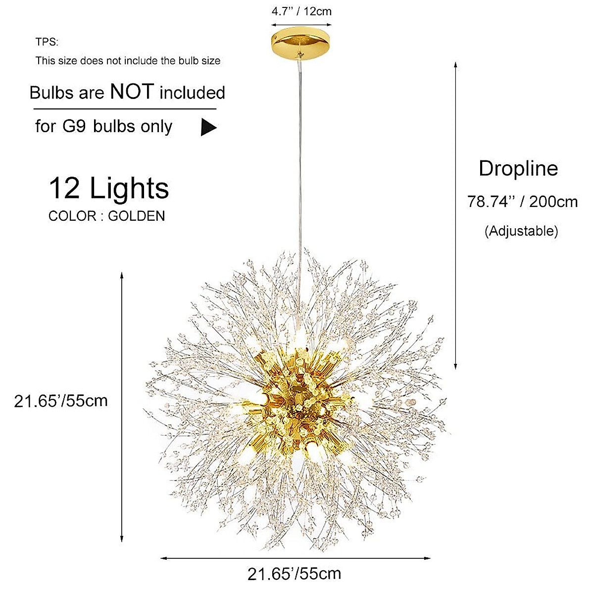 Qamra Modern Crystal Gold Chandeliers, Firework Dandelion Sputnik Chandelier Light Fixture Pendant Lighting for Dining Room, Bedroom, Kitchen, Living Room(12-Light, Gold)