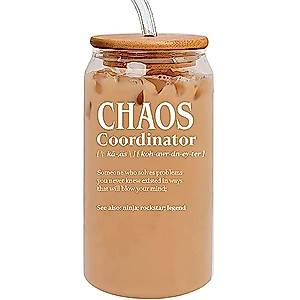 Chaos Coordinator Gifts - 16 oz iced coffee glass cup with bamboo lid and straw - Thank You Gifts for Coworker, Boss Lady Gifts for Women, Birthday Gifts for Manager, office, Teacher, Mom, Her, Nurse