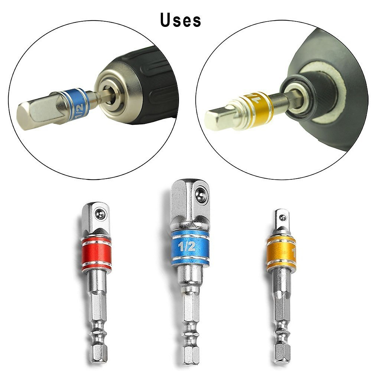 Impact Grade Socket Wrench Adapter Extension Set Turns Power Drill Into High Speed Nut Driver,Hex Shank Bit Square Power Drill Cordless Impact Sockets Bit Set,Sizes 1/4" 3/8" 1/2",Cr-V,Black,3-Piece