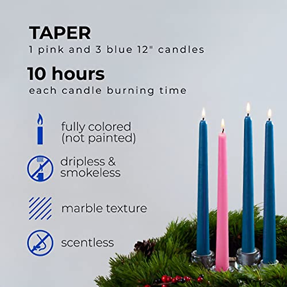 CANDWAX 12 inch Taper Candle Set of 4 - Dripless Taper Candles and Unscented Candles - Long Burning Candles Perfect as Home Decor - Pink Candle and Blue Taper Candles - Tall Candlesticks