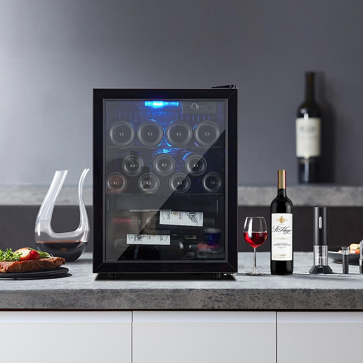 Garvee Wine Fridge 16 Bottle Capacity, Wine Cooler Temperature 7 Levels Adjustable, Temperature Range 40~61°F, Wine Cooler Refrigerator for Red White Wine, Champagne, Beer with Blue Interior Light