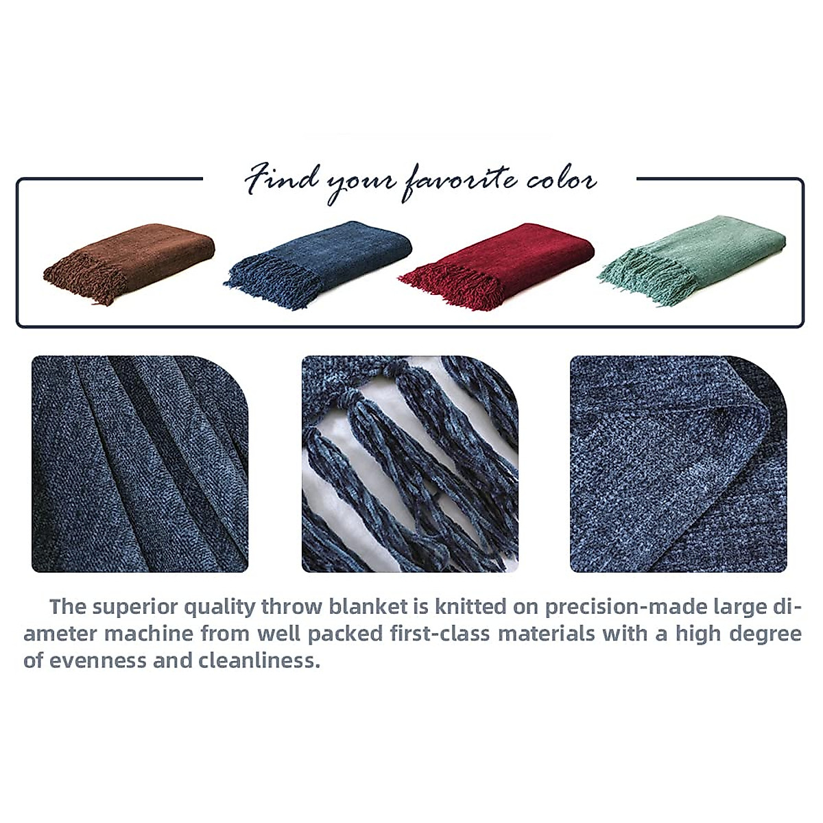 Bangya Navy Chenille Throw Blanket Soft Cozy Woven Fringe Tassel Throw for Sofa Couch Bed Living Room (Navy,50" X 60")