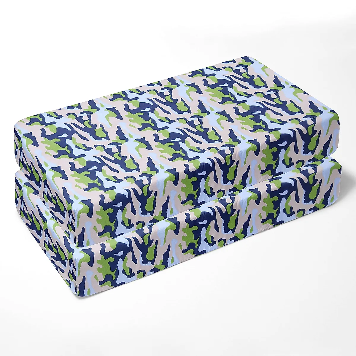 Bacati - 2 Pack Crib Fitted Sheets - CAMO Blue Navy Green Beige Soft Breathable 100% Cotton Percale Baby Sheets - Fits Standard 28 x 52 X 5 inches Crib & Toddler Mattresses
