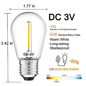 VISTERLITE LED S14 Low Voltage (DC 3V) Replacement Bulbs with E26 Base for Outdoor Solar String Lights, 15 Pack, Clear