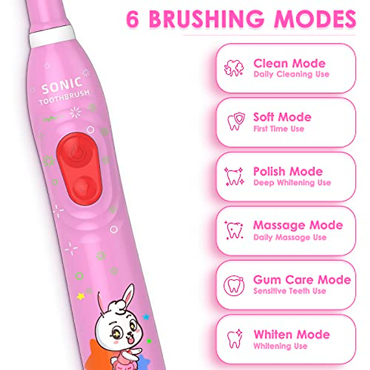 CHAIN PEAK Kids Sonic Electric Toothbrush, Rechargeable Smart Toothbrush for Children Toothbrush for Toddlers Age 3-12 with 30s Reminder, 2 Mins Timer, 6 Modes, 6 Brush Heads, Wall-Mounted Holder