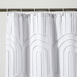 Estmy Boho White Tufted Shower Curtain Sets with Hooks, Simple Modern Chic Cute Rainbow Shape Chenille Stripe Cotton Fabric Shower Curtain Bathroom Decor, Heavy Duty/Water Repellent/Washable