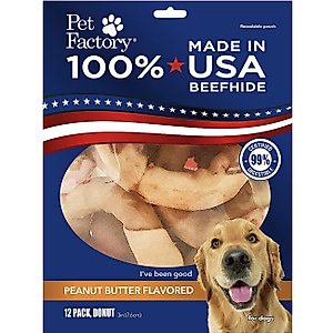 Pet Factory 100% Made in USA Beefhide 3" Donuts Dog Chew Treats - Peanut Butter Flavor, 12 Count/1 Pack