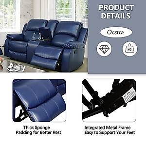 Ocstta Manual Leather Recliner Sofa Set for Living Room Furniture Set,Leather Recliner Couch Set for Home/Office,Leather Couch Set for 3-Pieces(Sofa+Loveseat+Chair) Blue