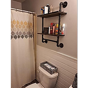 Lohfgf Industrial Pipe Shelf,2 Tiered Metal Towel Racks for Bathroom,24inch Industrial Pipe Floating Shelves Shelving,Rustic Wood Wall Mount Shelf with Towel Bar,Iron Towel Holder