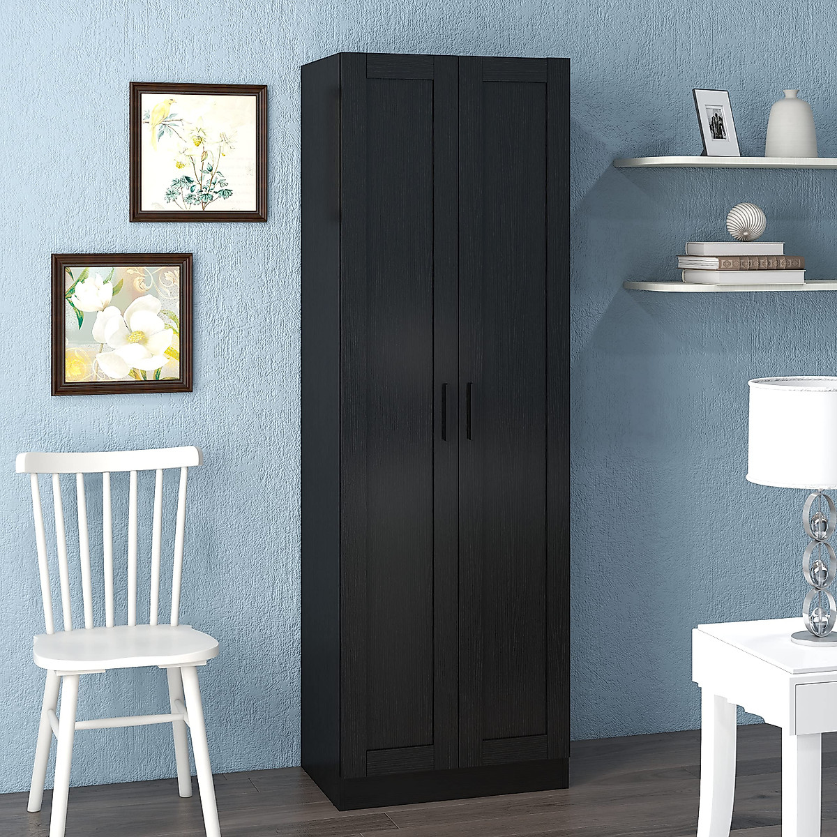 Panana Wooden Tall Storage Cabinet with 2 Doors and Shelves - Free Standing Narrow Food Pantry (Black, 45P)
