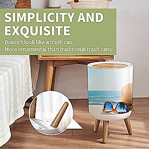 Small Trash Can with Lid Summer tropical beach background; glasses and palm tree reflex Garbage Bin Round Waste Bin Press Cover Dog Proof Wastebasket for Kitchen Bathroom Living Room 1.8 Gallon