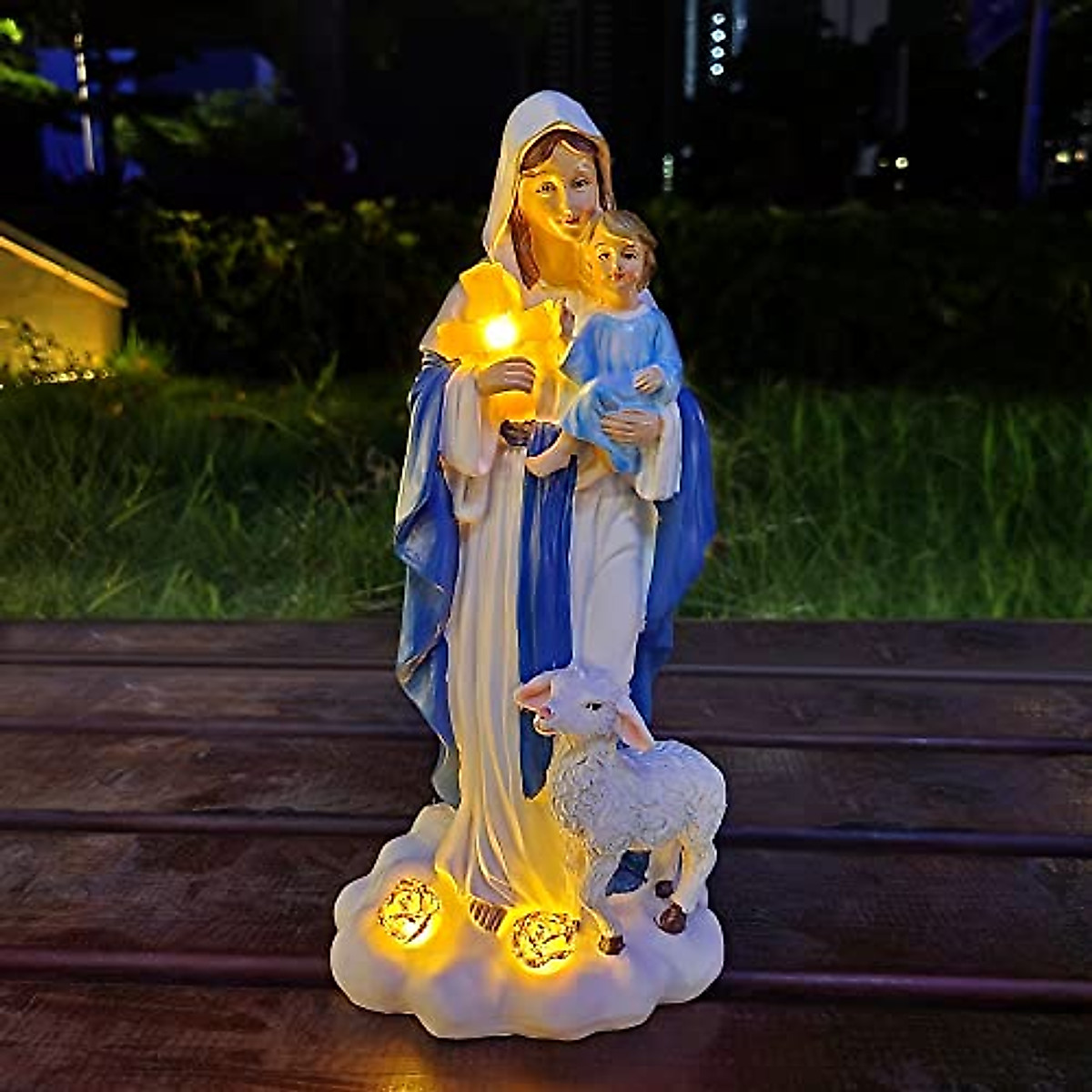 Voveexy Virgin Mary Statue with Baby Jesus, Solar Mother Mary Statue Resin Figurine with Warm White Light Outdoor Decor Sculpture Patio Yard Art Religious Gift for Mother Christmas Day, 11.6Inch