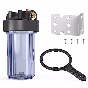 MewMore WHT10 10"x4.5" Whole House Water Filter Housing, Fit Sediment etc Filters for Well and City Water, Big Filter Blue Pre-Filtration System for Home, 1" NPT Port, Pressure Release (Clear Housing)