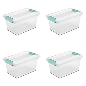 Sterilite Medium Clip Box, Stackable Small Storage Bin with Latching Lid, Plastic Container to Organize Office, Crafts, Clear Base and Lid, 4-Pack