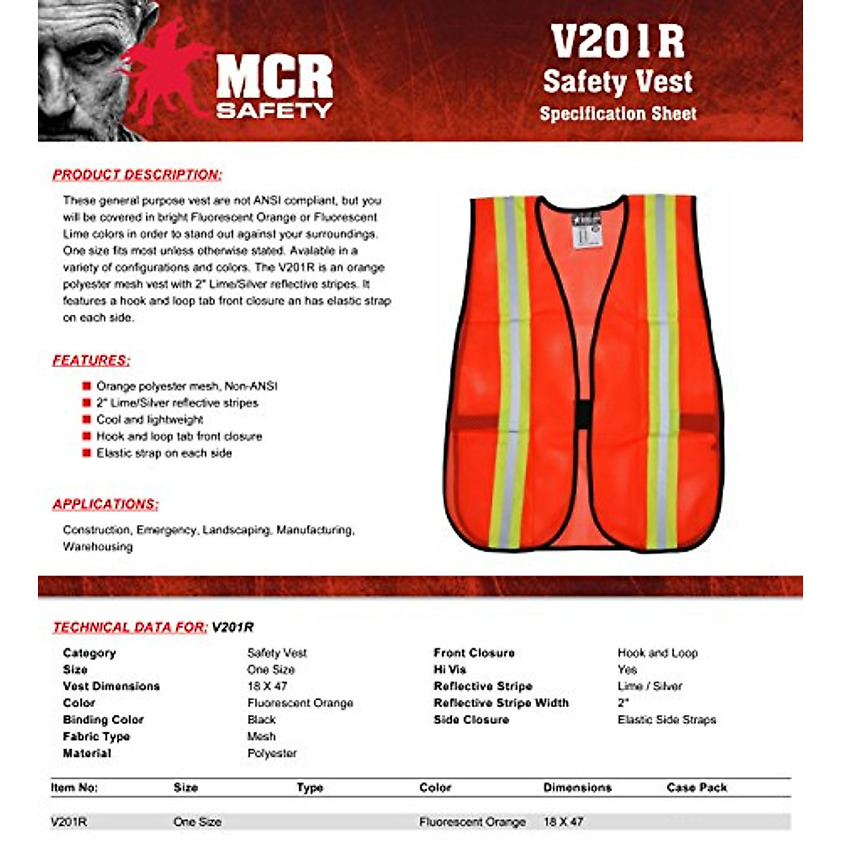 MCR Safety V201R Polyester Mesh General Purpose Safety Vest with 2-Inch Lime/Silver Reflective Stripe, Fluorescent Orange