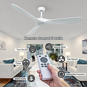 HUMHOLD 60" Wood Ceiling Fan no Lights with Remote, Reversible DC Motor 6-Speed Ceiling Fan, 3 Wood Fan Blades White Ceiling Fan Without Light, Modern Propeller Ceiling Fans for Bedroom/Living Room