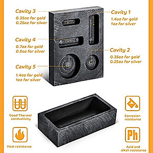 4 Pieces Graphite Ingot Mold Stir Rod Stick Set, 5-in-1 Graphite Casting Coin Combo Metal Refining Scrap Mold, 1 KG Graphite Ingot Crucible Mould, 2 Graphite Stir Rod Stick for Melting