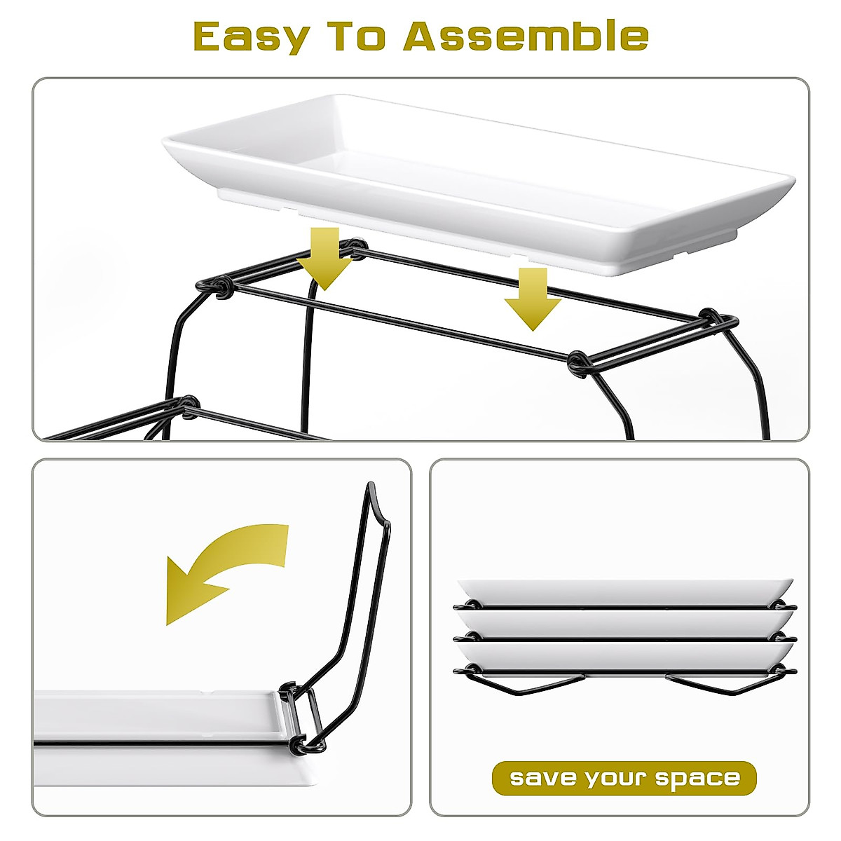 Bumusty 3-Tier Plastic Serving Tray Set, 11.5" Platters with 3 Collapsible Metal Stand Display for Cupcakes, Serving Food, Dessert, Fruit, Microwave-Safe, Black