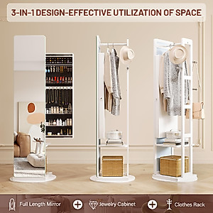 LVSOMT 360° Swivel Jewelry Armoire, Rotatable Full Length Mirror with Jewelry Storage, Standing Jewelry Cabinet with Coat Rack, White, Soild Wood