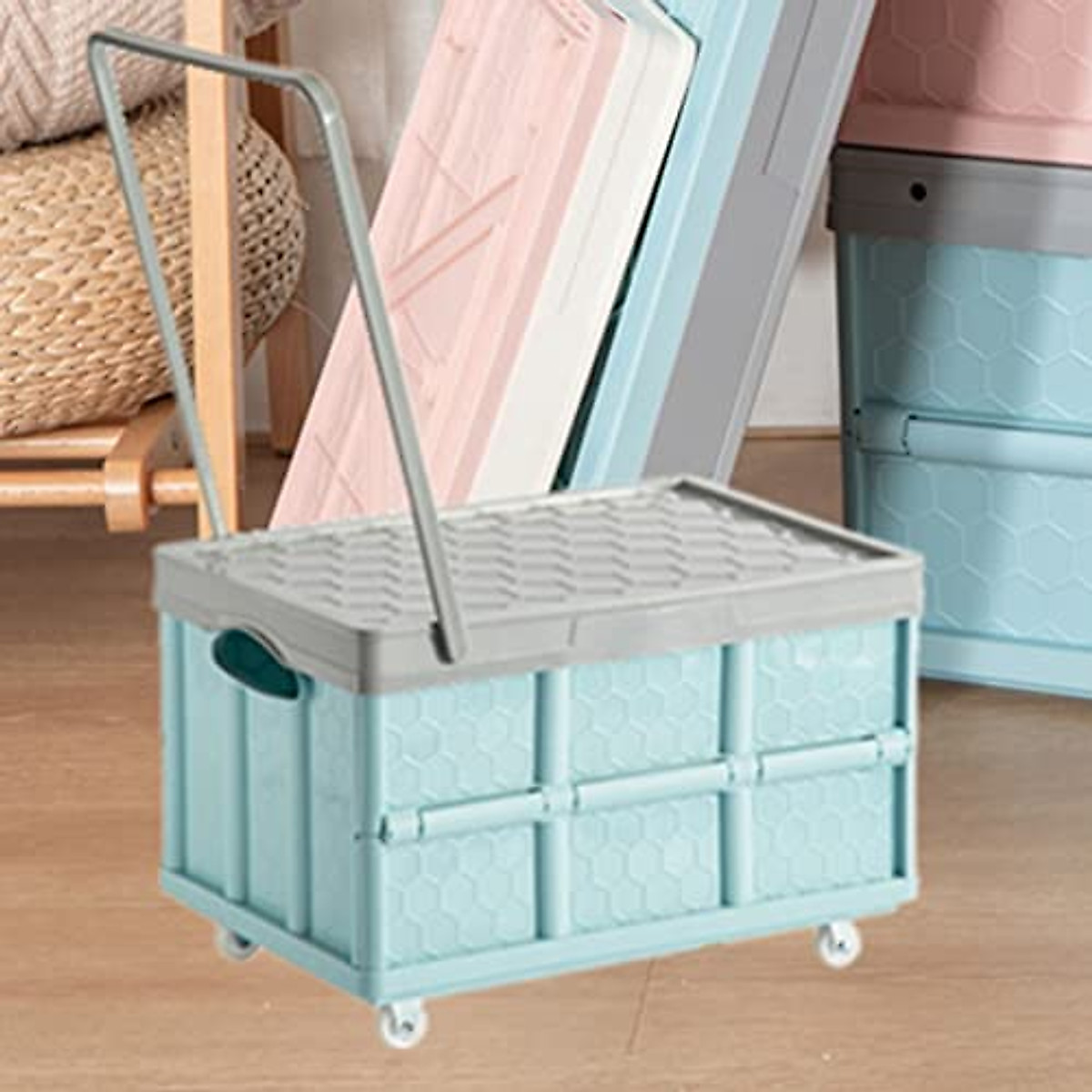 Cabilock Foldable Storage Bins with Lids Collapsible Storage Box Utility Wagon Camping Garden Shopping Cart Grocery Toy Clothes Books Container With Wheel Blue