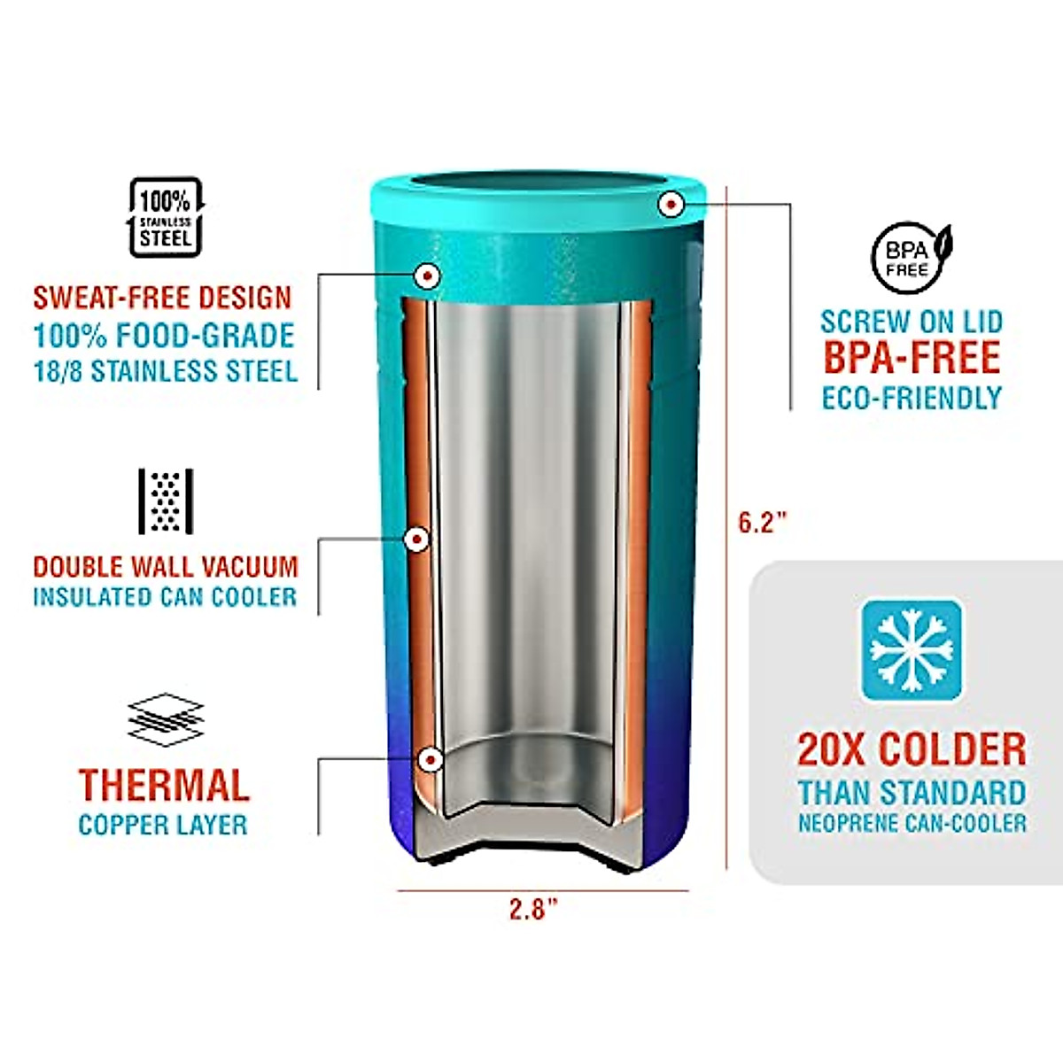 CHILLOUT LIFE Skinny Can Cooler for Slim Beer & Hard Seltzer | 12oz Stainless Steel Tall Triple Insulated Can Drink Holder - 1 Pack