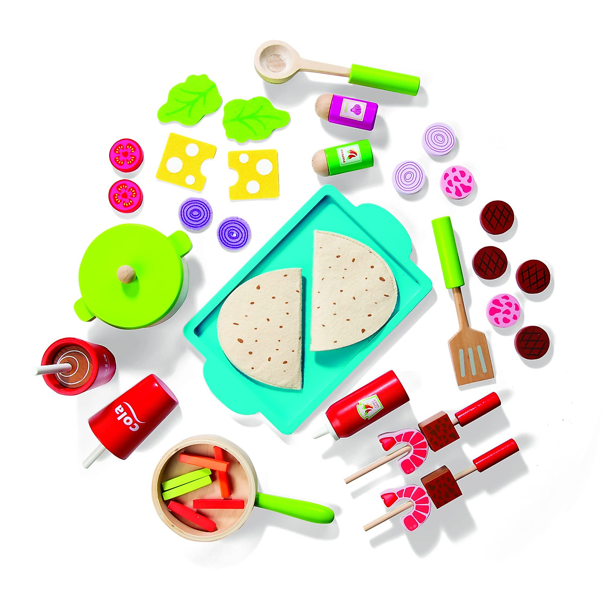 Taco Truck Wooden Playset, 30 Toy Pieces Including Cook Top, Steering Wheel, Sink, Sticker Sheet for Kids Name, Food, Taco Shells, Cheese, Patties, Dual Sided Play Stand Set for Indoor Fun, Ages 3+