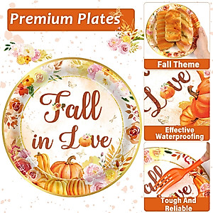 96 Pcs Fall Bridal Shower Plates and Napkins Party Supplies Fall In Love Party Tableware Set Autumn Floral Pumpkin Theme Party Decorations Favors for Bridal Shower Anniversary Engagement for 24 Guests