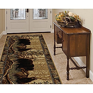 Fern Bear Novelty Lodge Pattern Beige Runner Rug, 2.7' x 7'