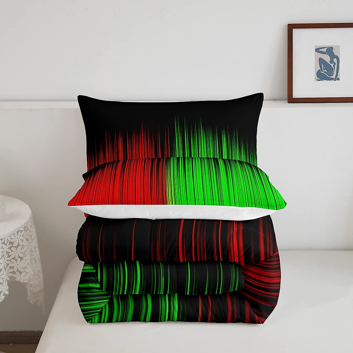 Abstract Ombre Comforter Set Kids Teens Red Green and Black Girls Bedding Set Room Decor Fashion Women Quilt Set with 1 Pillowcase 2Pcs Bedding Twin