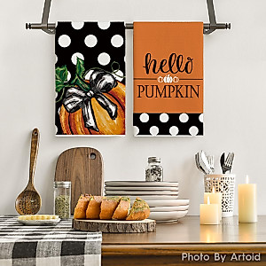 Artoid Mode Buffalo Plaid Truck Hello Pumpkin Fall Kitchen Towels Dish Towels, 18x26 Inch Seasonal Decoration Hand Towels Set of 4