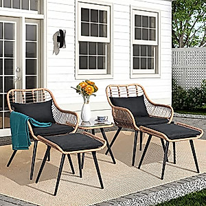 JOIVI 5 Piece Outdoor Patio Furniture Set, PE Rattan Wicker Small Patio Conversation Set Porch Furniture, Cushioned Patio Chairs with Ottomans and Side Table