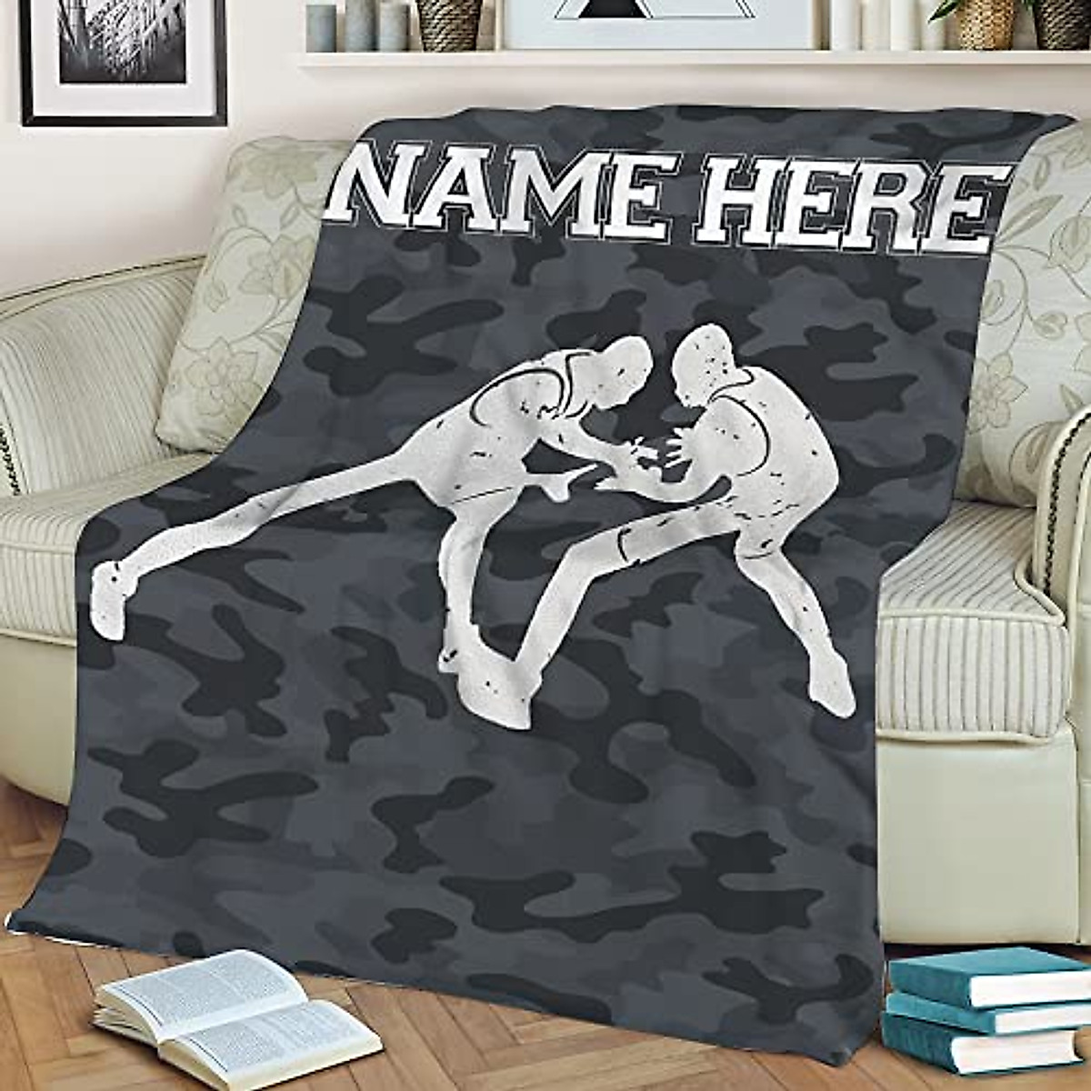 OhaPrints Custom Black Camo Pattern Wrestling Lover Wrestler Gifts Personalized Name Soft Sherpa Throw Blankets Cozy Fuzzy Fleece Throws for Tv Sofa Couch Comfy Fluffy Blanket 30X40 50X60 60X80