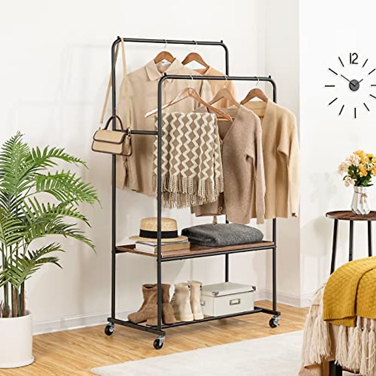 HOOBRO Garment Rack, Rolling Clothing Rack with Shelf, Heavy Duty Double Rods Clothes Rack on Wheels, Hanging Rack for Clothes, Shoes,Storage Display, BF22LY01